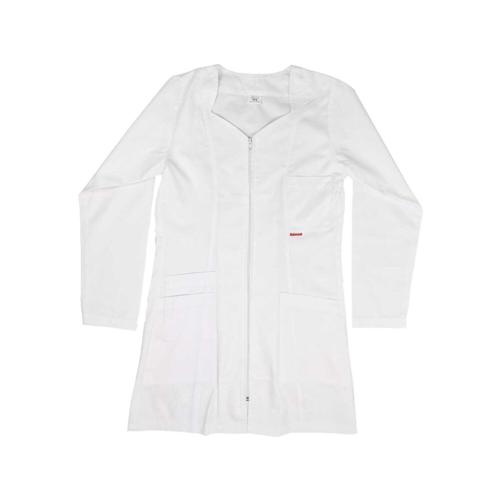 Halat Medical Cambrat cu Fermoar de Dama Lung Cu Maneca Lunga Alb ...